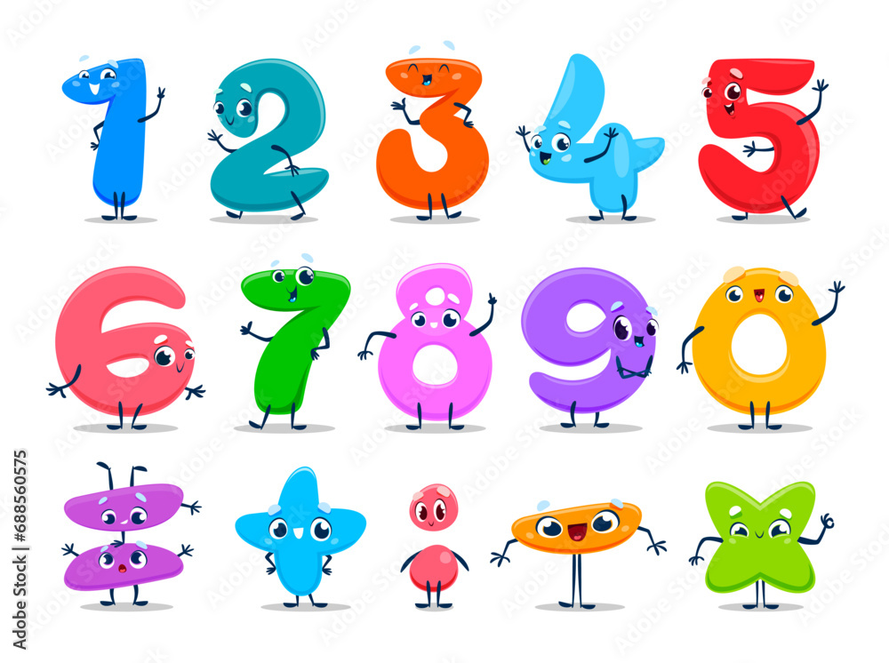 Cartoon cute funny number characters. Vector math personages with happy ...