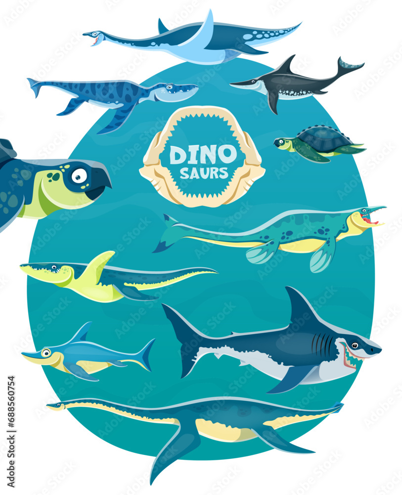 Aquatic dinosaurs cartoon characters. Elasmosaurus, Liopleurodon ...