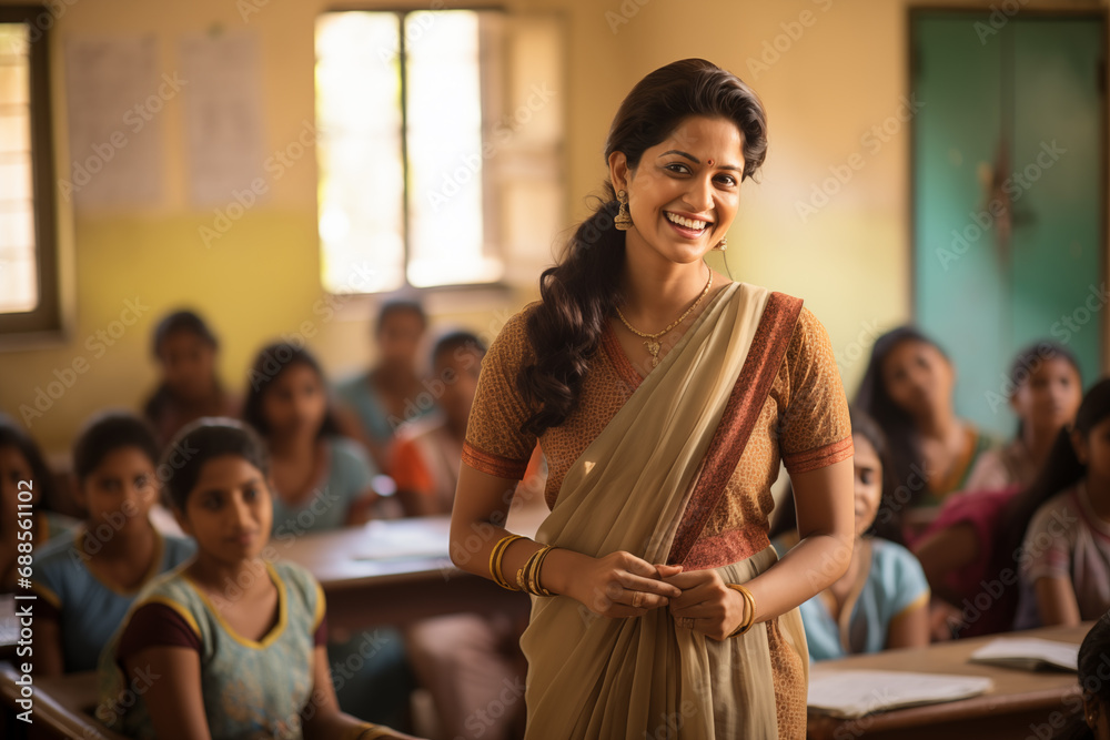 Indian Female Teacher Teaching in a Classroom, Wearing a Saree Stock ...