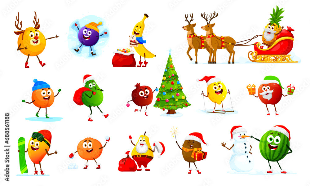 Christmas holiday fruits characters. Cute berry food vector personages ...