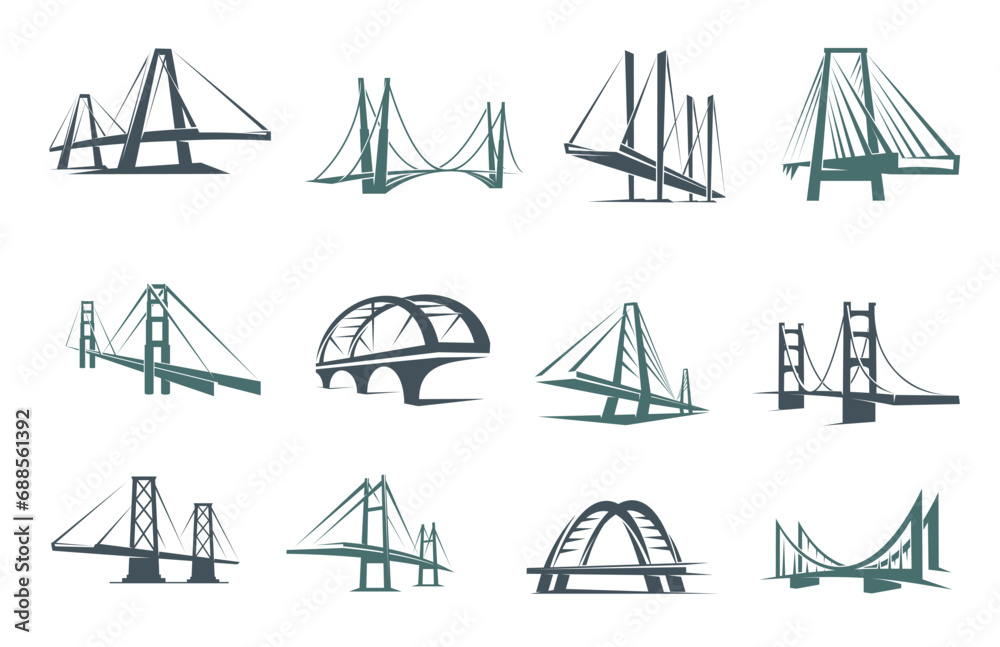 Bridge icons, construction, building and architecture vector symbols ...