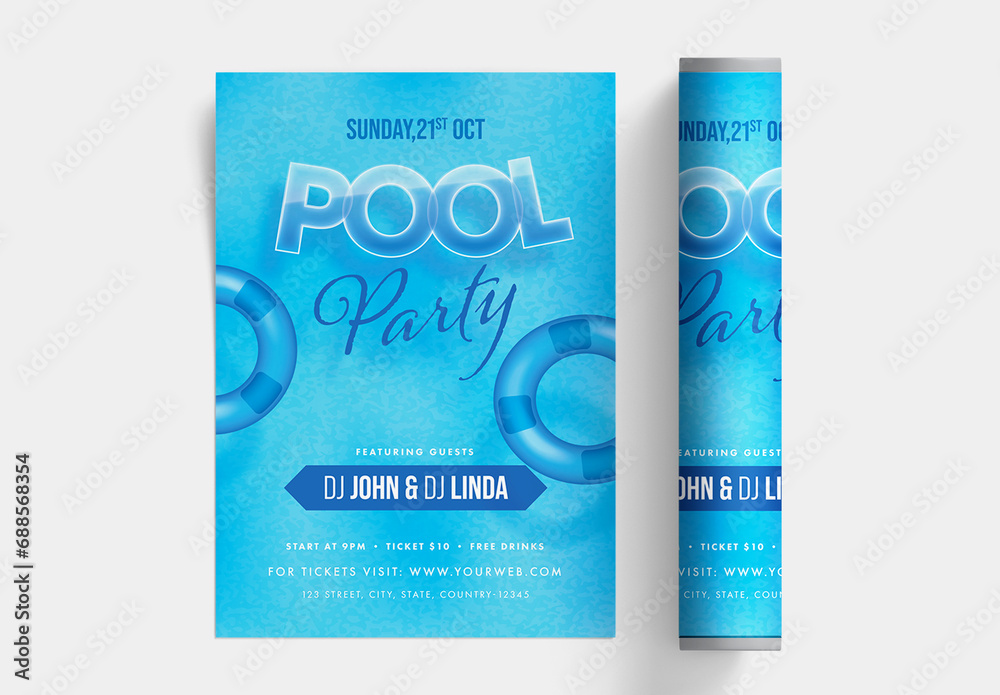 Pool Party Flyer or Template Layout in Blue Color with Swimming Rings ...