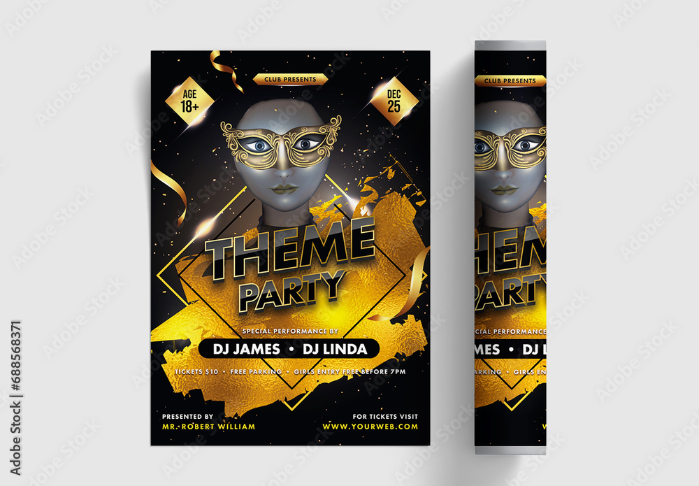 Theme Party Flyer Layout in Black and Golden Color with Woman Wear Mask ...