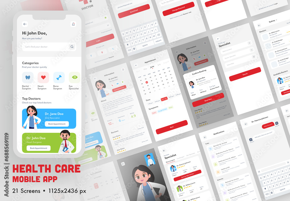 Healthcare Mobile UI and UX Screens in Red and White Color. Stock ...