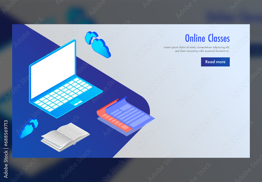 Online Classes Concept Based Landing Page with Isomeric Laptop, Book ...