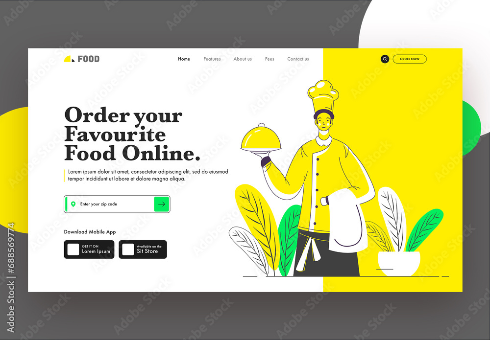 Landing Page or Hero Banner Design with Chef Character Presenting Dish ...