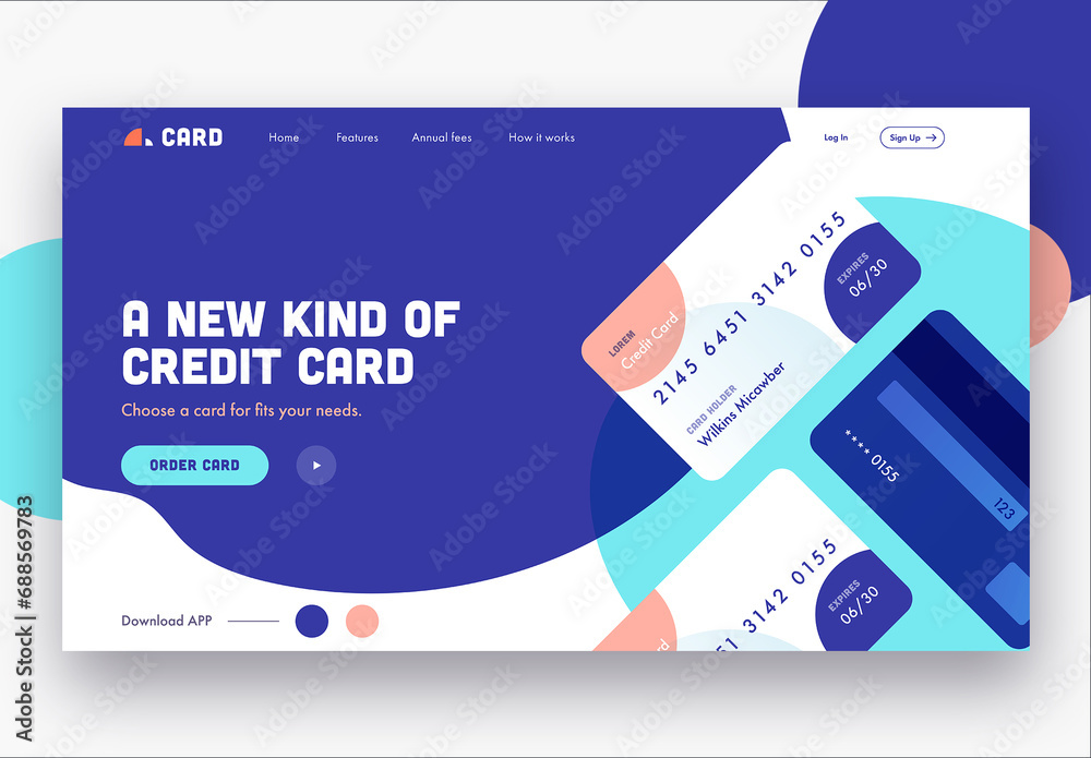 Abstract Landing Page or Hero Banner Design with Payment Cards for A ...