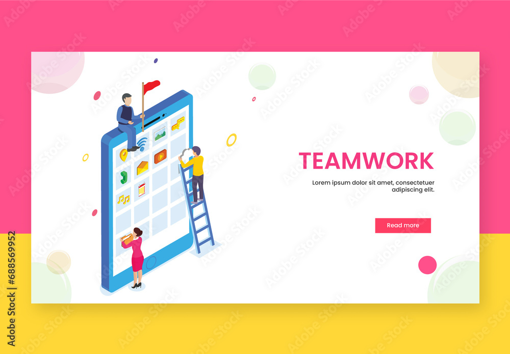 Teamwork Concept Based Landing Page Design with Isometric View of ...