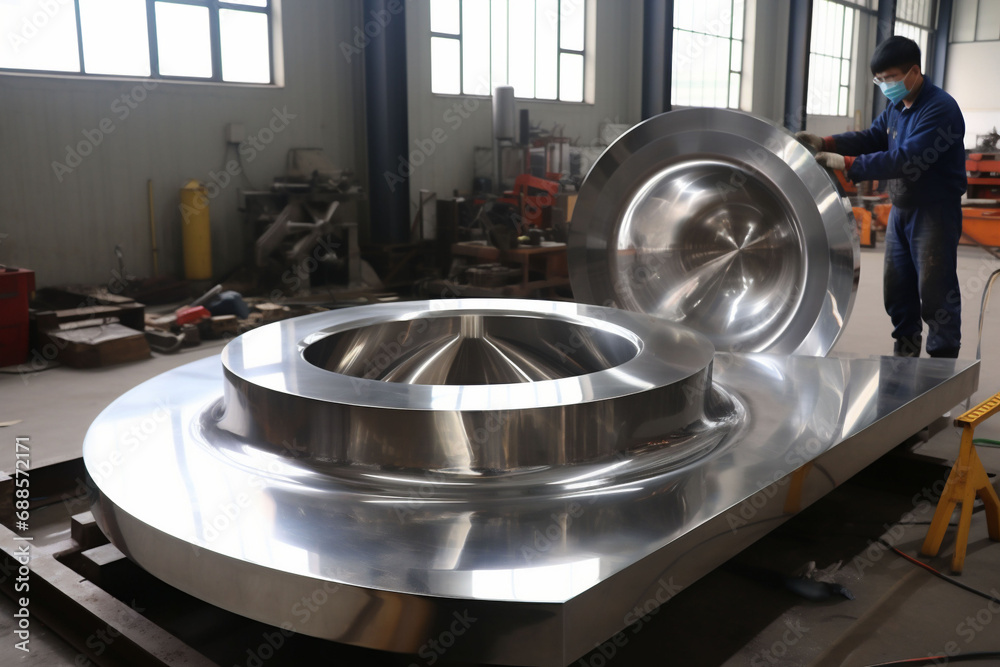 A worker moves large stainless steel parts. Poster for the production ...