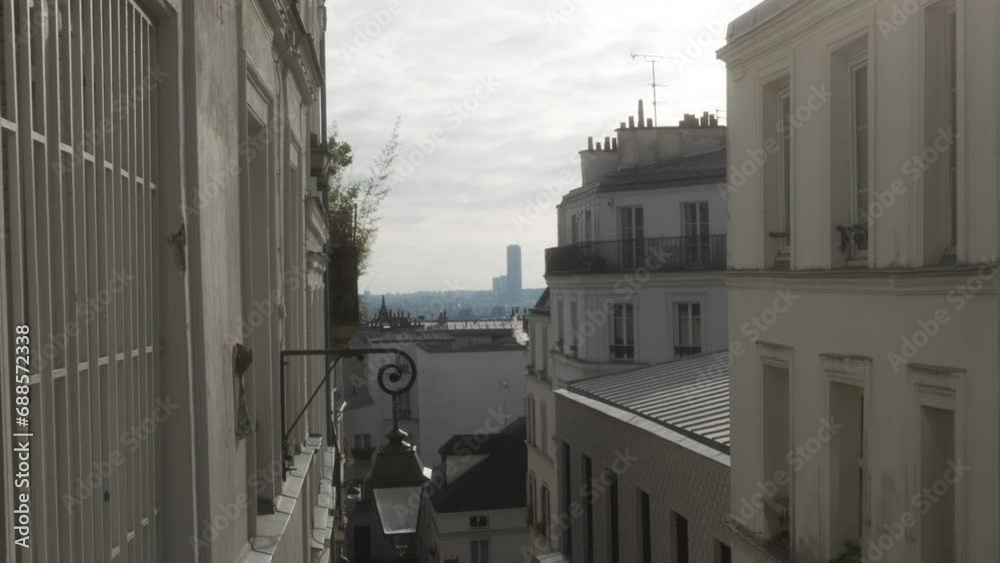 Scenic cityscape view of Paris behind french architectural buildings ...