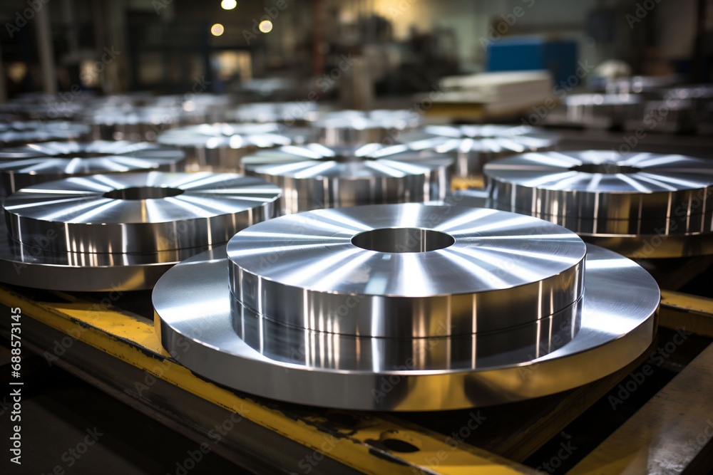Large shiny stainless steel wheels in the factory. Poster for the ...