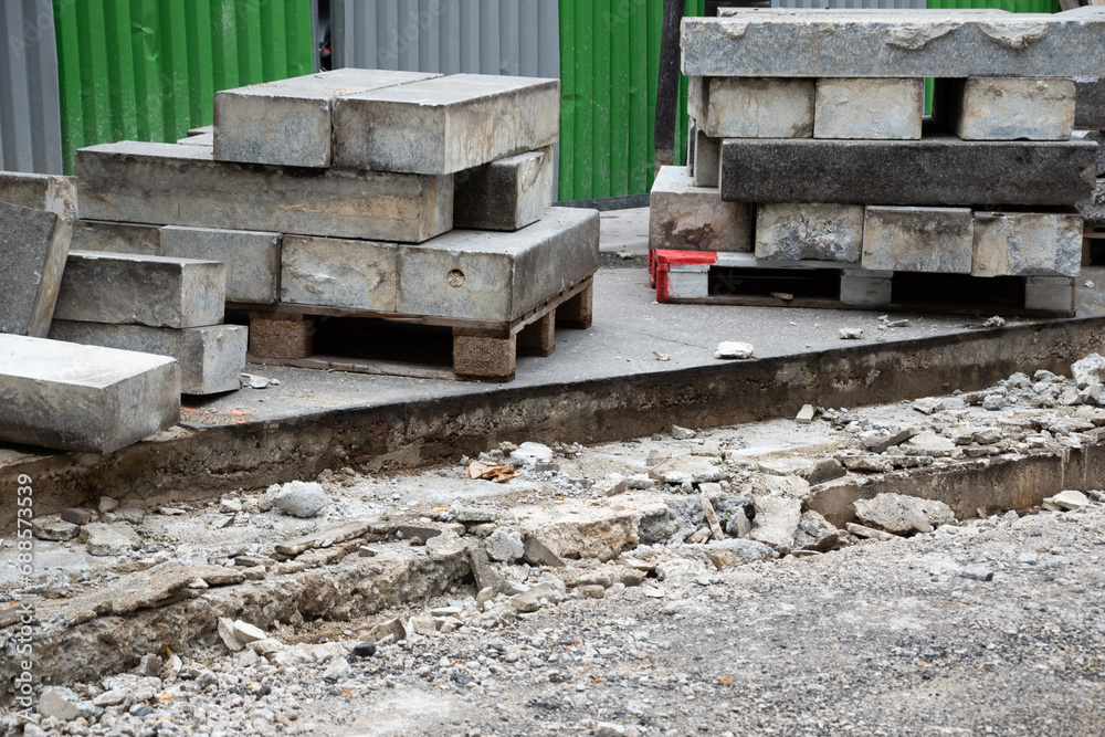 Road reparations in city. Paris, France. Urban renovation and ...