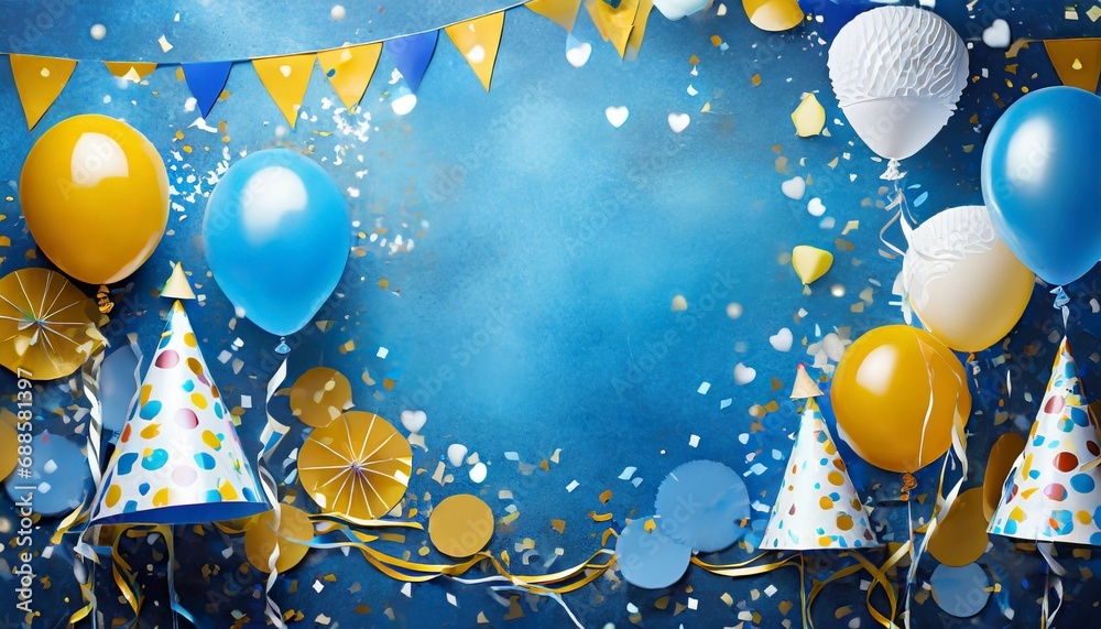 blue birthday background border with balloons confetti party hats Stock ...