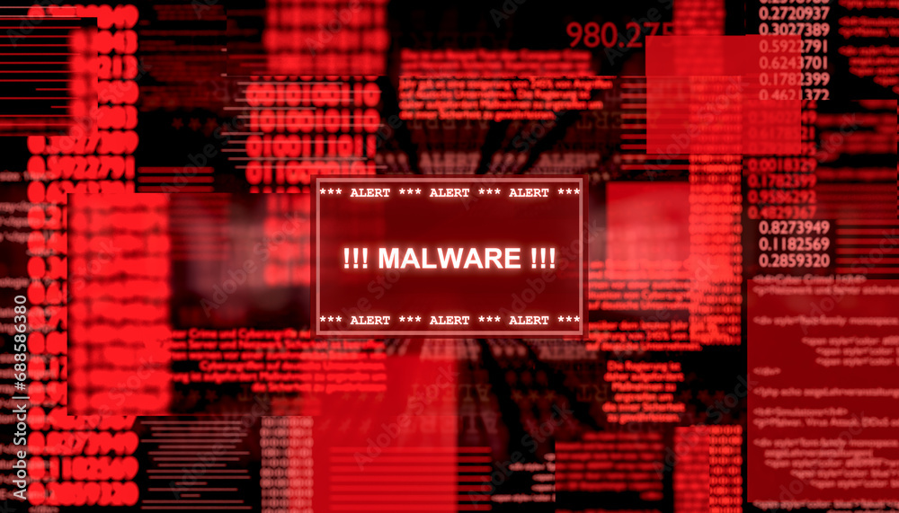 Malware alert, warning sign on screen. System message, cyber crime ...
