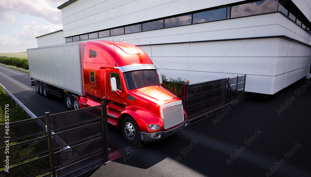 Red Semi Truck Ready for Loading at Commercial Warehouse Dockside Stock ...