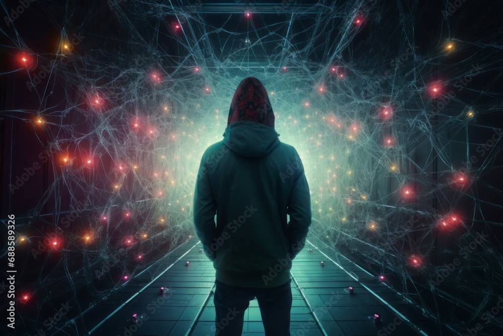 Hacker inside a fragmented space. Cyber programmer in dark server room ...