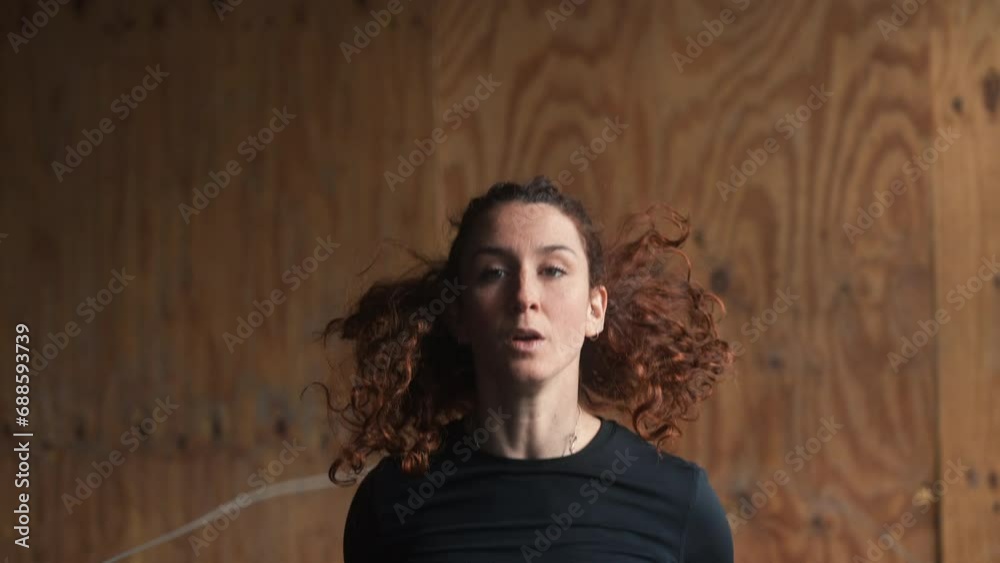 strong redhead woman jumping with a jump rope starting dynamic workout ...
