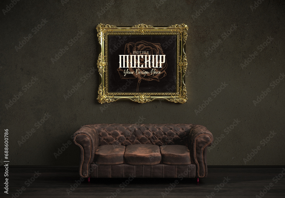 Gold Frame Mockup in a Gangster Room With An Old Grunge Sofa Stock ...