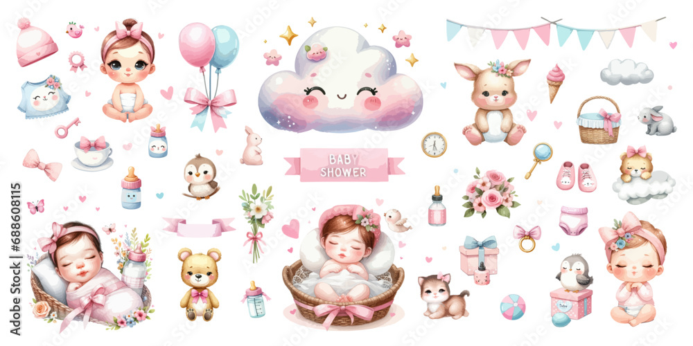 Watercolor illustration set of nursery clipart for baby girl. Stock ...