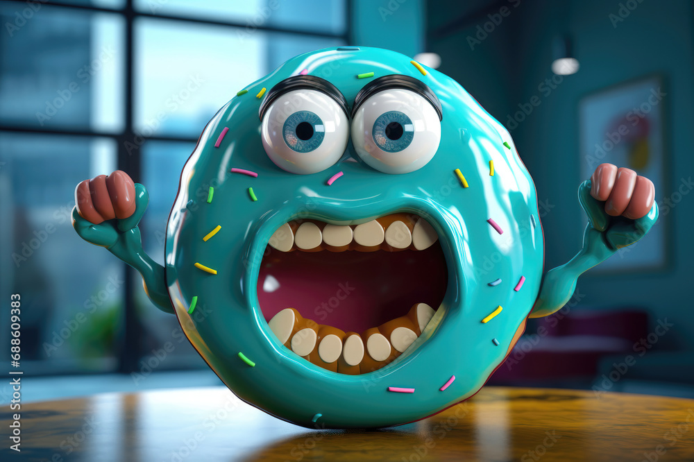 Animated donut character with blue icing and colorful sprinkles ...