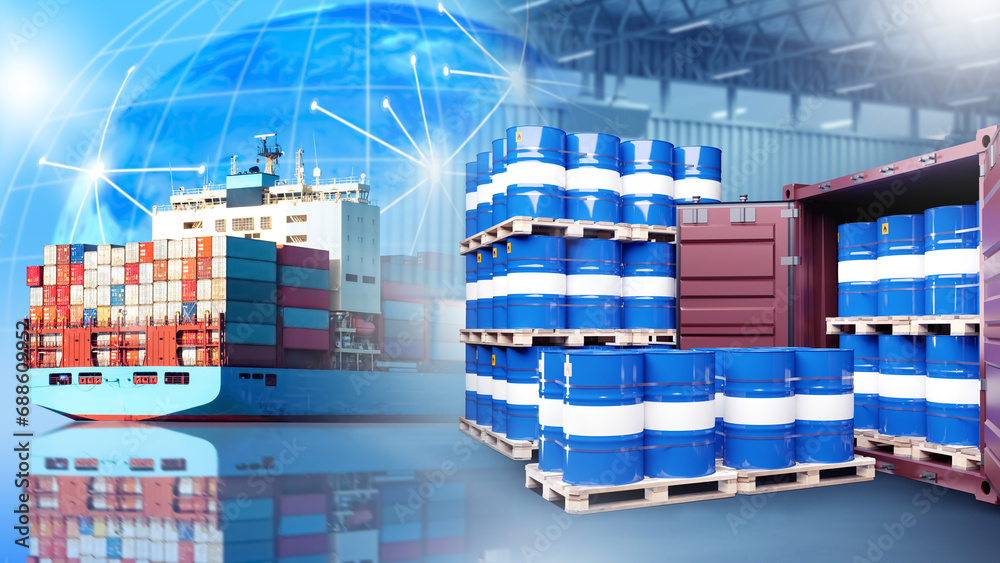 Maritime logistics. Container with barrels near ship. Sea vessel for ...