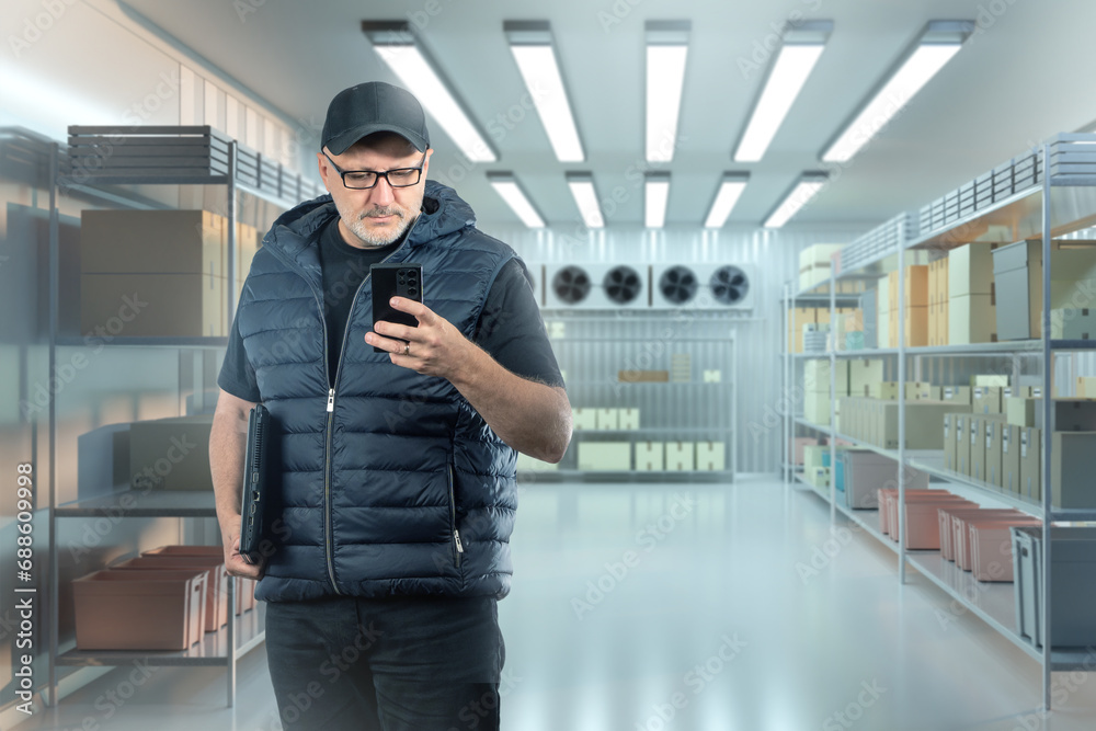 Man inside industrial refrigerator. Guy inside freezer. Industrial ...