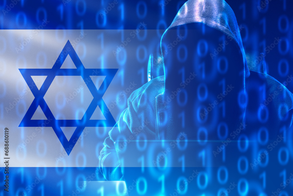 Hacker from Israel. Man in hood with laptop. Israel flag with binary ... Hacker from Israel. Man in hood with laptop. Israel flag with binary ...