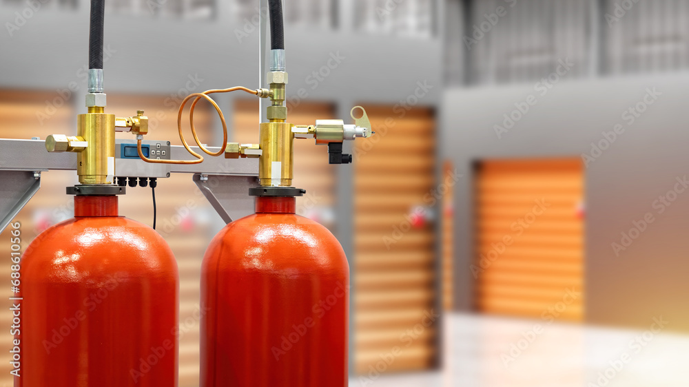 Fire extinguishing system in warehouse. Red balloons for automatic ...