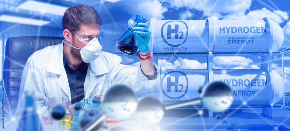 Hydrogen energy. Man scientist with test tube. Industrial experiments ...