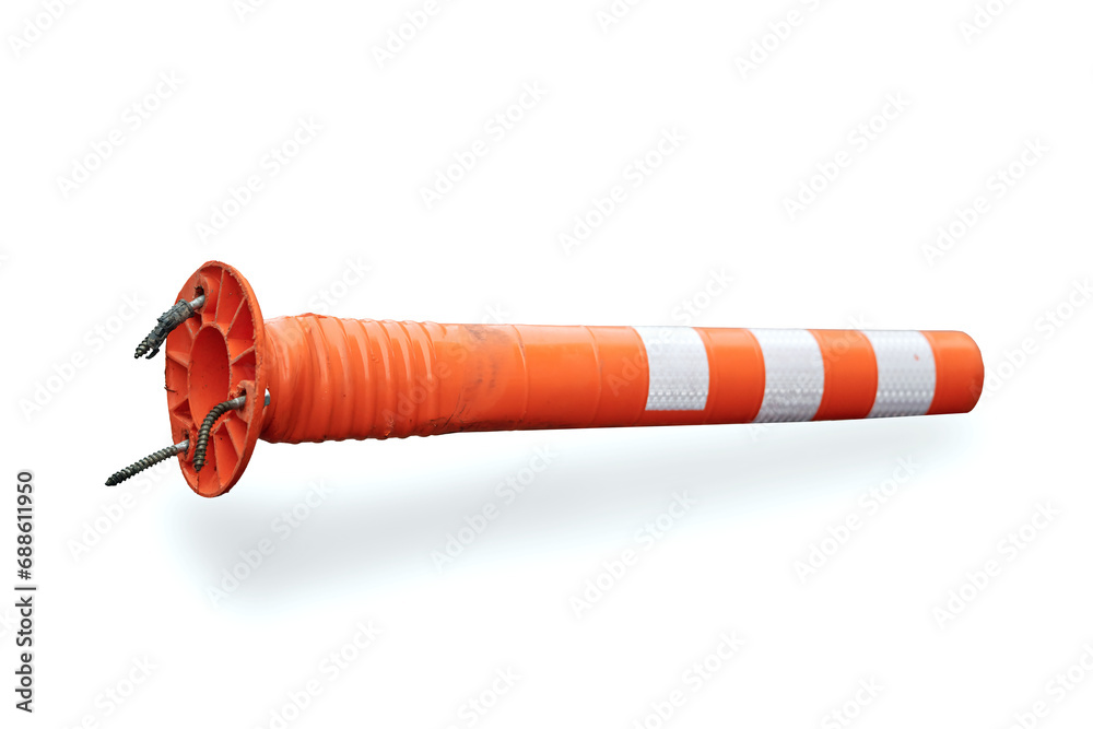 Broken plastic orange barrier, damaged parking bollard isolated on white background. Parking ...