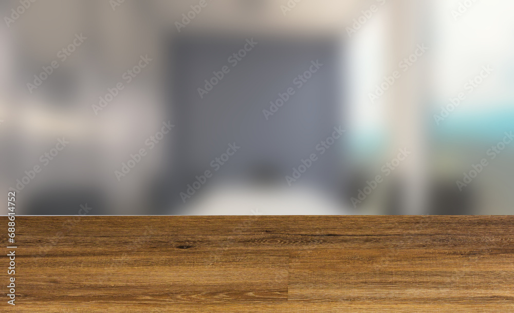Front view of an office interior with a row of dark wood tables. 3D ...