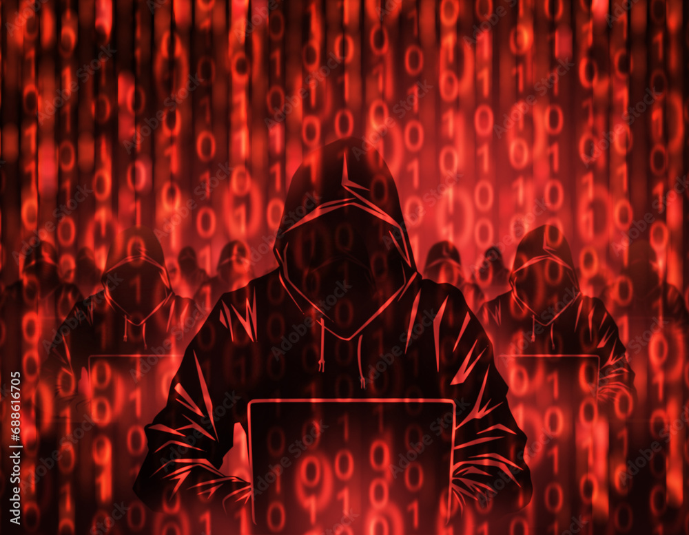 Hacker team. Cyber background. Silhouettes of people in hood with ...