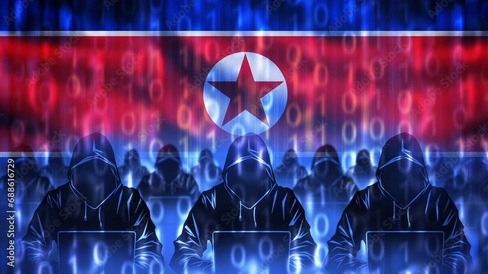 North Korea cyber army. Hackers with laptops. Silhouettes of people in ...
