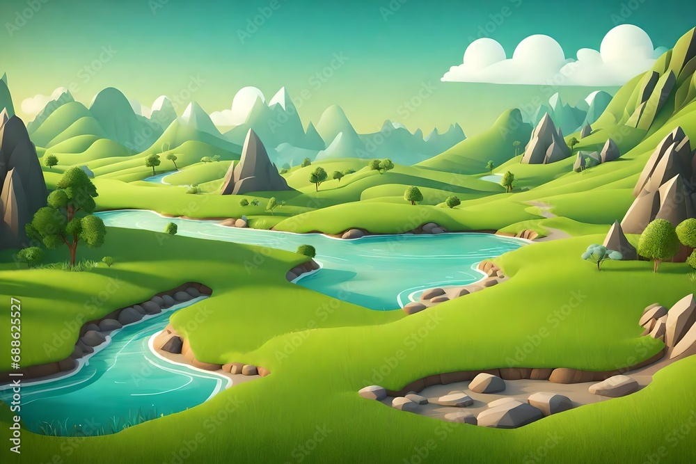 Fantastic, realistic-looking fantasy land with grass, hills, rivers ...