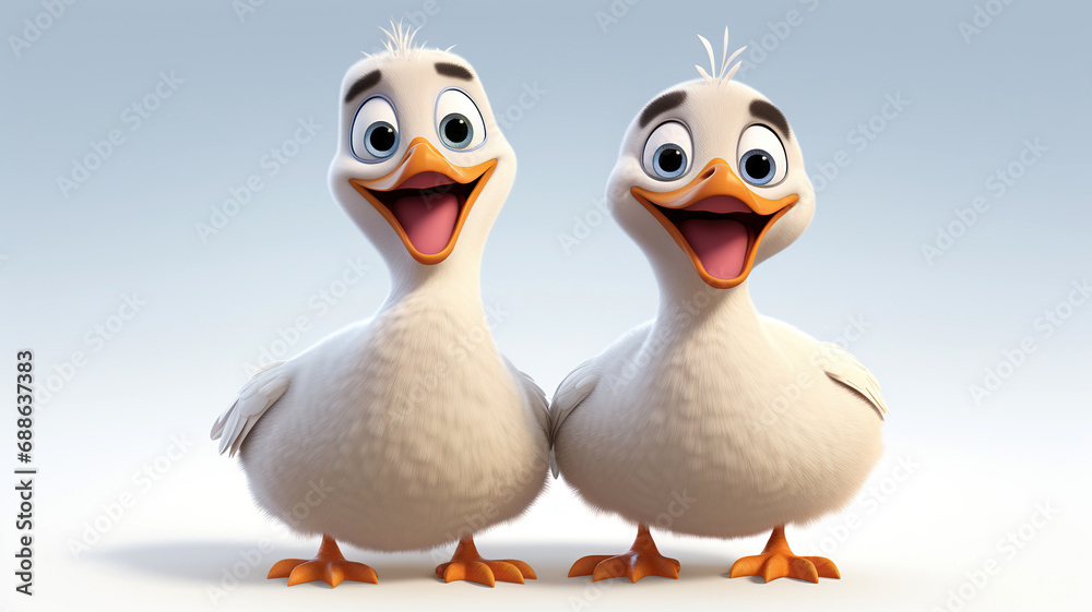 Two cheerful geese on a light background in cartoon style. A pair of ...