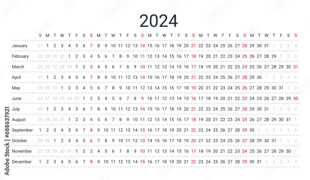 2024 calendar. Linear horizontal planner for year. Yearly calender ...