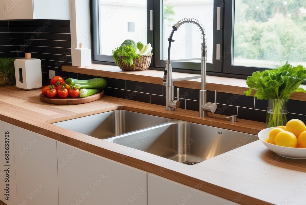 kitchen interior design Kitchen sink with colorful fresh vegetables The ...