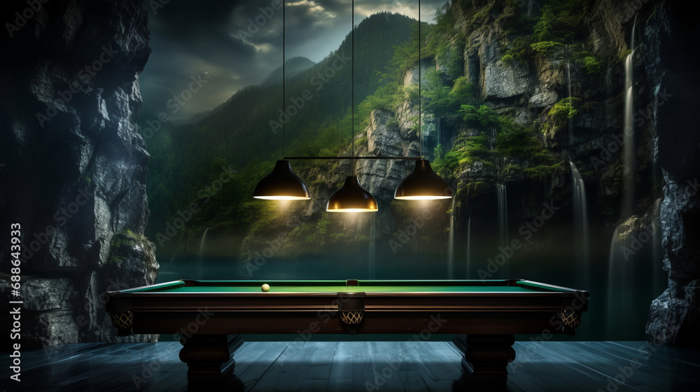 Billiard table against picturesque landscape of serene nature captures ...