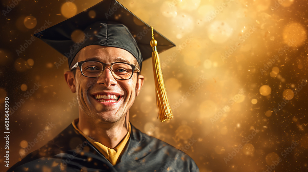 Happy young man wearing graduation cap and gown, smiling young guy ...