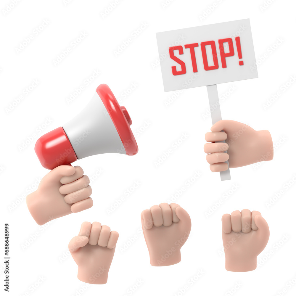 Cartoon hands of demonstrants and hand with Megaphone and stop sign ...