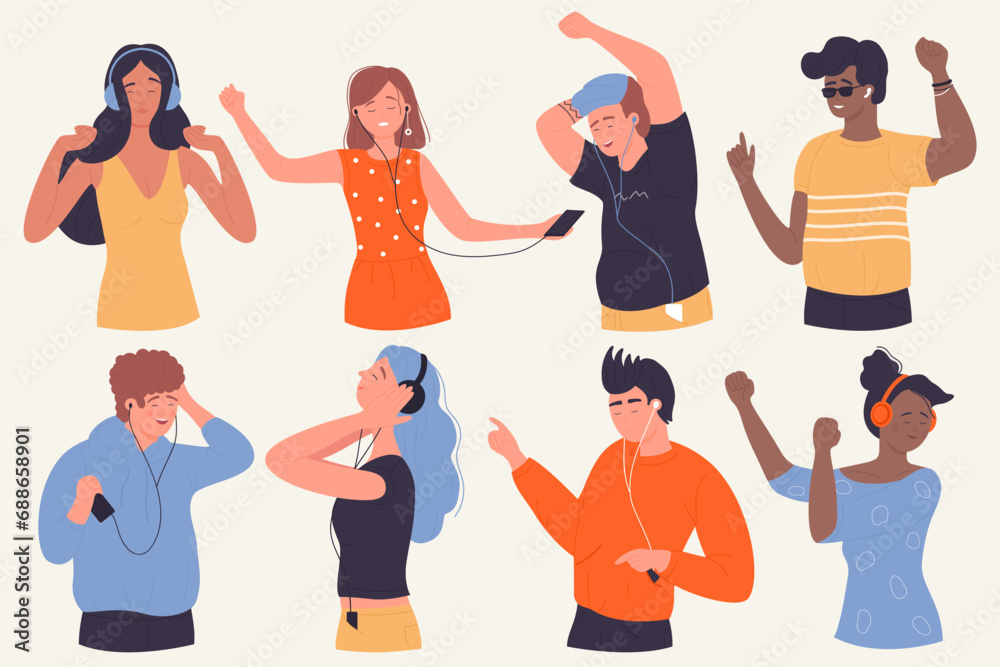 People listen music with headphones set vector illustration. Cartoon ...