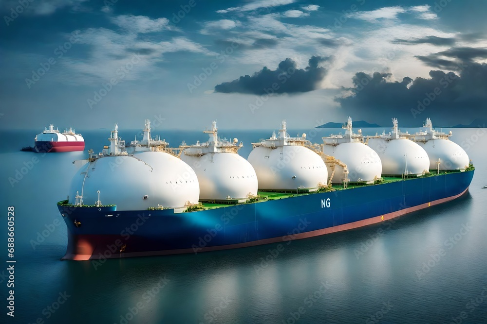 **LNG (Liquified Gas) tanker anchored in gas terminal gas tanks for ...