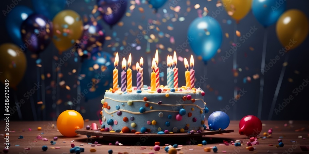 Happy birthday cake with candles, balloons and confetti background ...