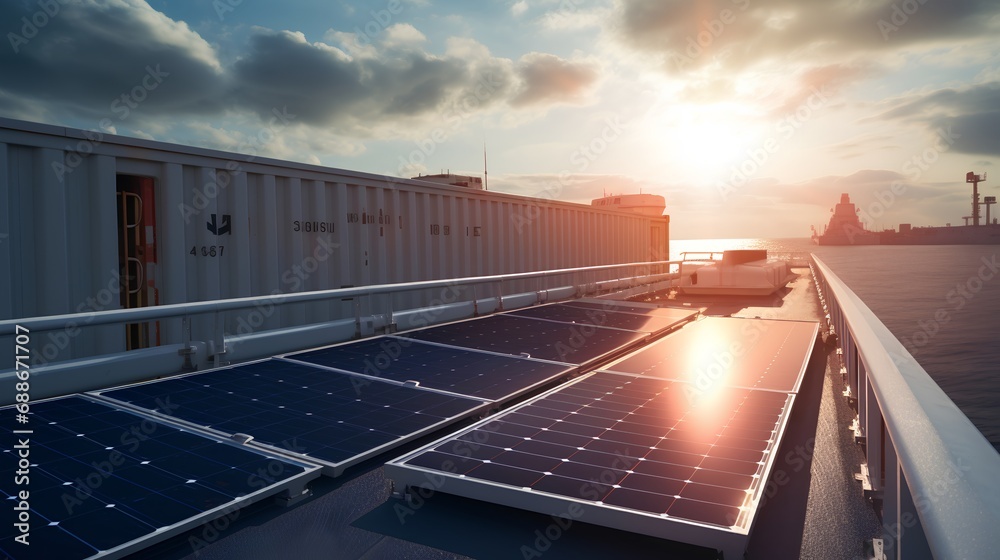 large cargo ship adorned with numerous solar panels, illustrating the ...