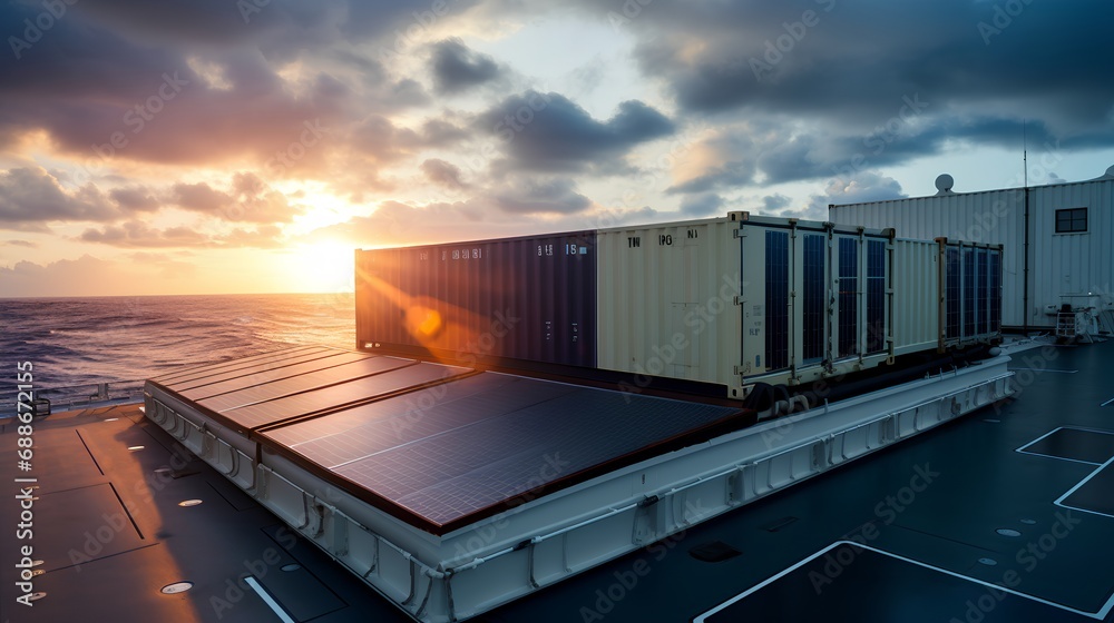 large cargo ship adorned with numerous solar panels, illustrating the ...