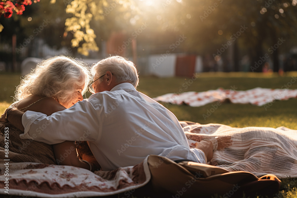Back side view, Close up at elder couple's hand embrace around shoulder ...