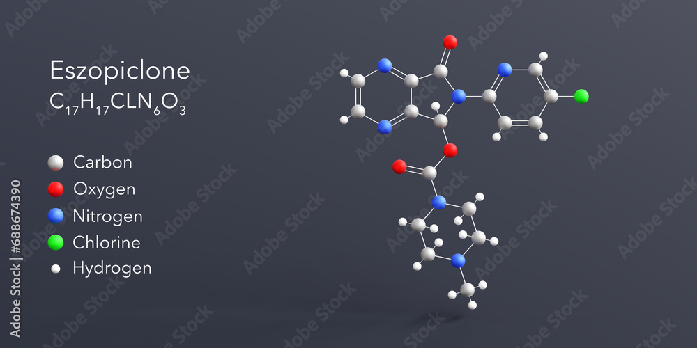 eszopiclone molecule 3d rendering, flat molecular structure with ...