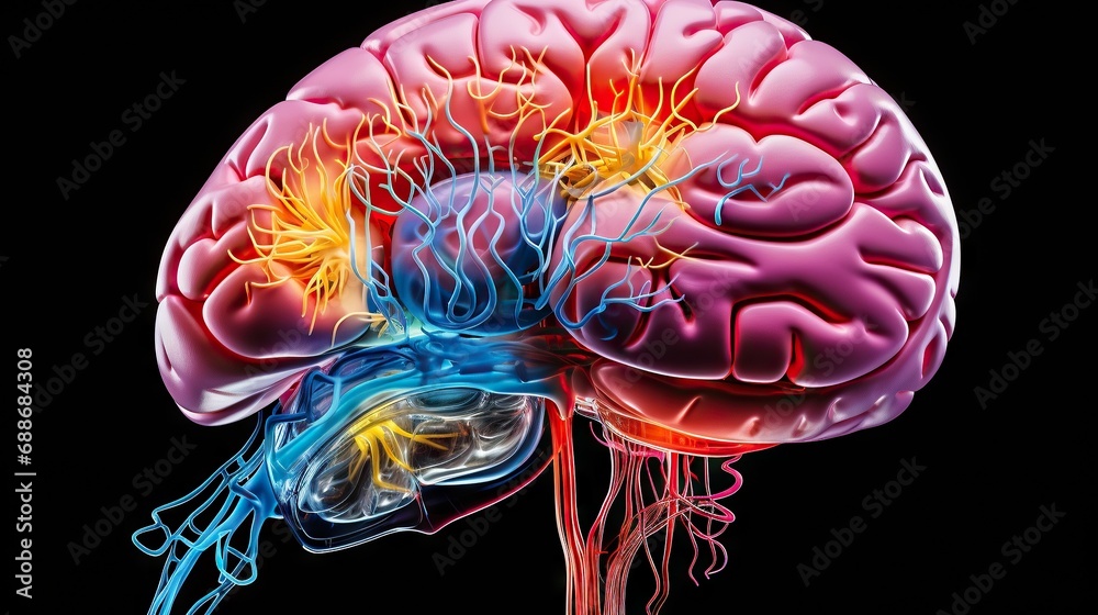 model of human brain with highlighted nerve cells and endings against ...
