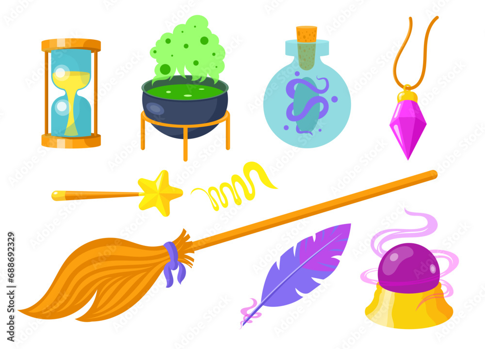 A set of magic items. Tools of a sorcerer or witch. Broom, cauldron ...