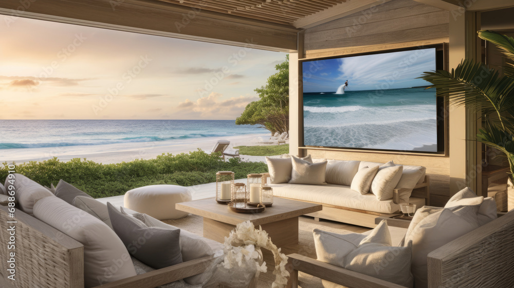 Beachfront villa's coastal-themed cinema linen seating shiplap walls ...